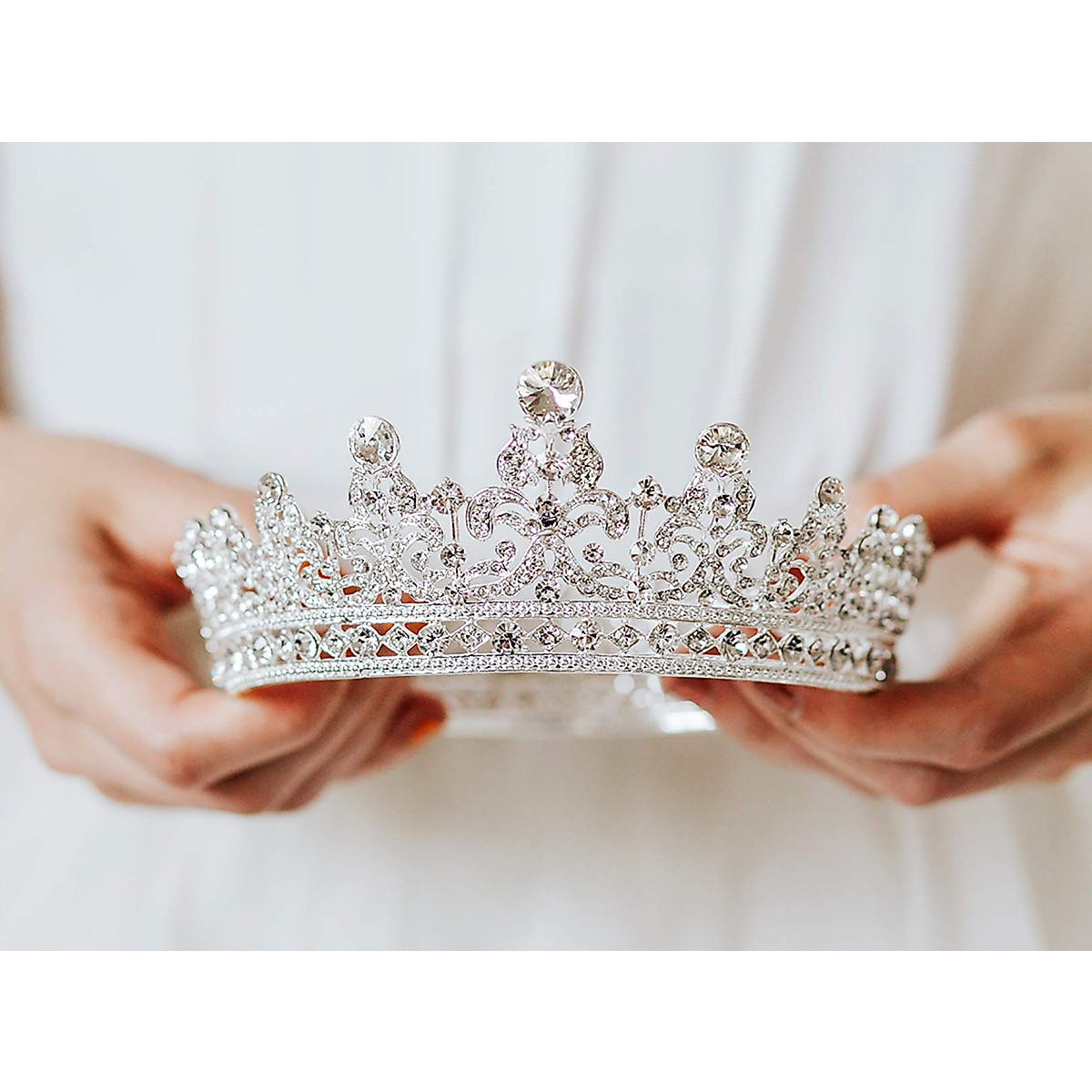 SWEETV Full Round Tiaras and Crowns for Women, Wedding Tiara for Bride, Crystal Queen Crown for Pageant Birthday Party Cake Topper, Silver