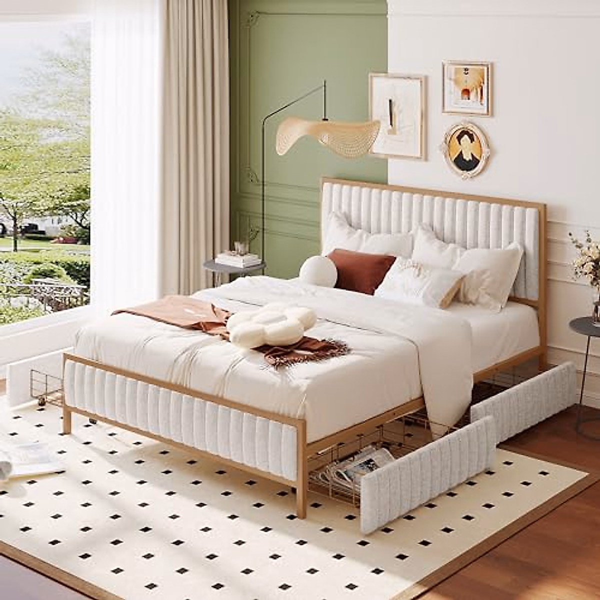 HBRR Queen Size Upholstered Bed with 4 Storage Drawers, Metal Platform Bed Frame with Button Tufted Headboard, Heavy Duty Mattress Foundation, No Box Spring Needed, Beige