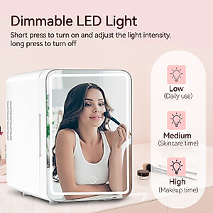 Skincare Fridge With Dimmable LED Mirror, 4L Makeup Mini Fridge for Bedroom, Cosmetics, SkinCare, Cooler & Warmer, Portable Small Refrigerator for Car, Office and Food- White