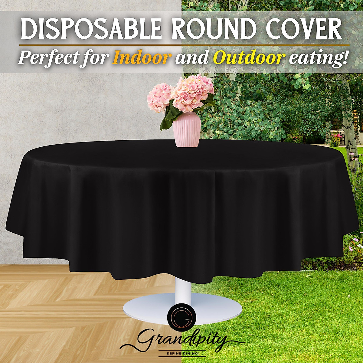 Grandipity Black 84" Decorative Round 12 Pack Premium Disposable Plastic Tablecloth 84 Inch Decorative Round Table Cover