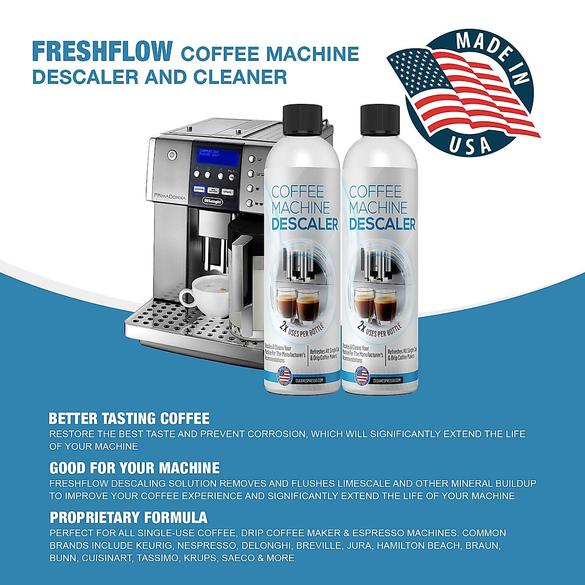 Descaling Solution for Coffee & Espresso Machines - 2 Bottle Pack (4 Uses) - Universally Compatible Descaler Cleaner for Keurig, Breville, Nespresso, Delonghi & All Single Use or Drip Machines