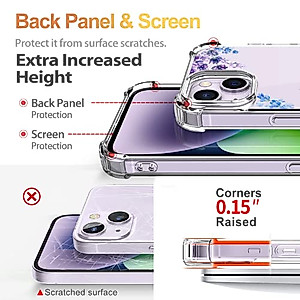 YOYORI iPhone 14 Plus Case with Screen Protector, Flower Pattern Design, Floral Clear Women Phone Case Shockproof Protective Soft TPU Bumper Cover 6.7 Inch 2022 (Lavender/Purple)