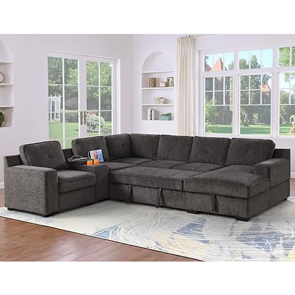 YOPTO Sectional Sleeper Sofa,Modular Couch with Pull Out Bed,Convertible L Shaped Sectionals W/Storage Chaise & Console,Cup Holder,USB & Type-C Port,Chenille Fabric,5 Seater for Living Room,Brown,120"