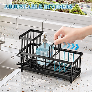 Spoge Holder for Kitchen Sink - Sink Caddy with Long Brush Holder & Divider, SUS304 Stainless Steel Kitchen Sink Organizer, Dish Soap Dispenser Kitchen Organization and Storage Accessories