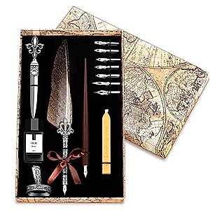 Vintage Quill Pen Ink Set,Feather Quill Pen with Wooden Calligraphy Pen, Including 7 Different Sizes of Nib, Calligraphy pen Set Gift & Women and Man(Grey)