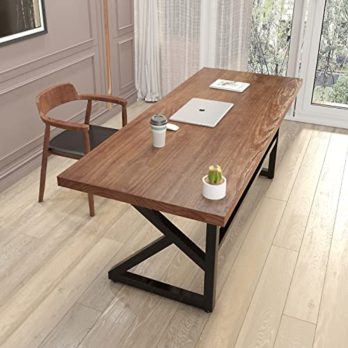 MTMFURFS Solid Wood Desk for Home Office desks Office Table with Extra Thick 1.96" Standing Desk Natural Furniture Simple Study Workstation Brown, 55" D x 27" W x 29" H