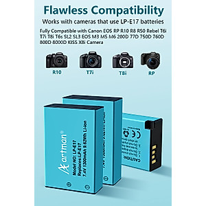 Artman 3-Pack LP-E17 Batteries 1300mAh and 3-Channel LCD Charger Pack for Canon EOS RP R10 R8 R50 Rebel T6i T7i T8i T6s SL2 SL3 EOS M3 M5 M6 200D 77D 750D 760D 800D 8000D KISS X8i Camera