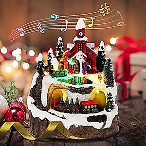 Christmas Decorations Snow Village Resin Building Figurines Revolving Train Musical Snow Globe Christmas Collectible Buildings 8 Music for Vintage Christmas Decor for Kids (Santa Claus)