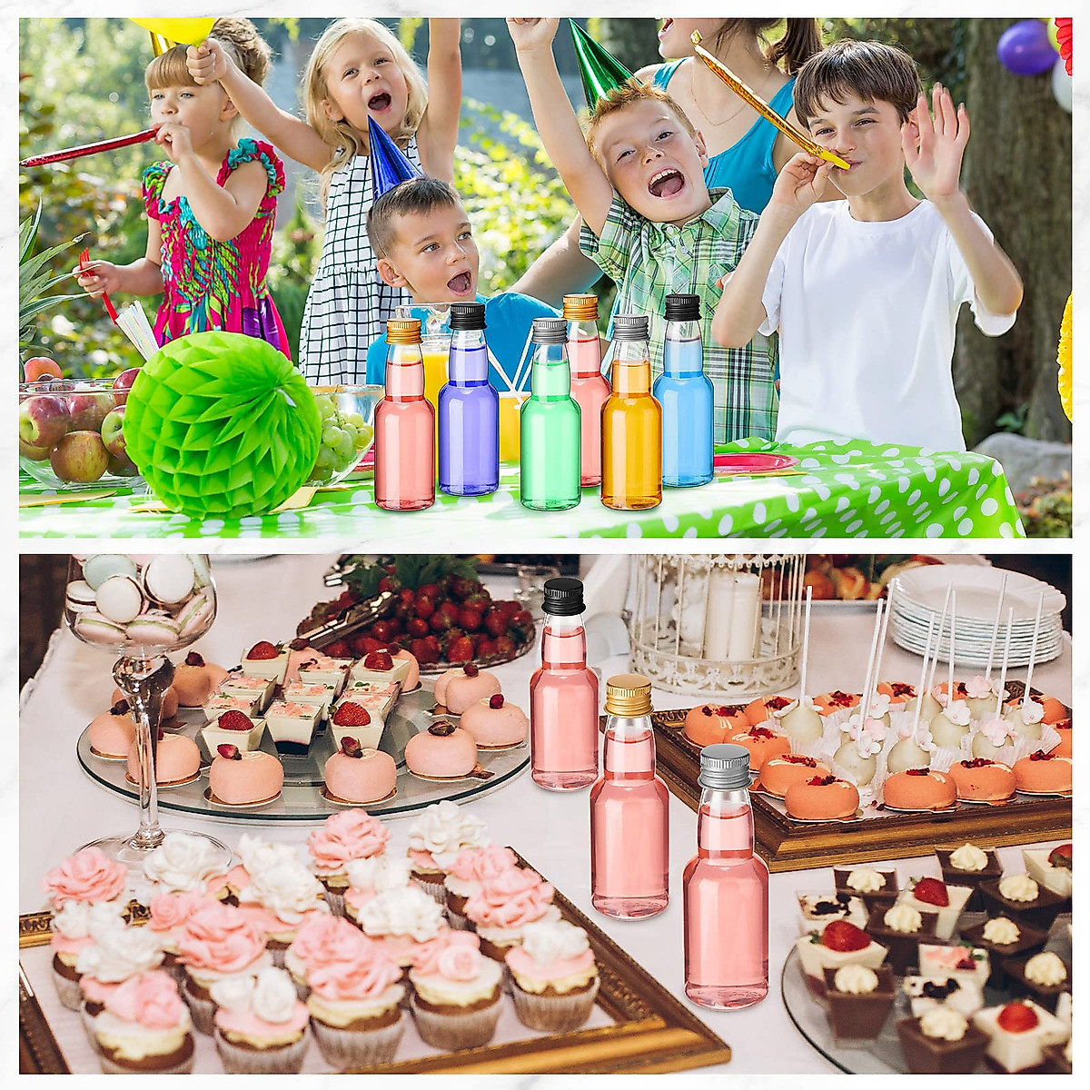 120 Pcs Mini Liquor Bottles, Plastic Spirit Bottle, 2 oz Mini Empty Plastic Alcohol Shot Bottles with Funnels, Airtight Shot Bottles Miniature Bottles for Party Favors, Weddings (Silver, Gold, Black)