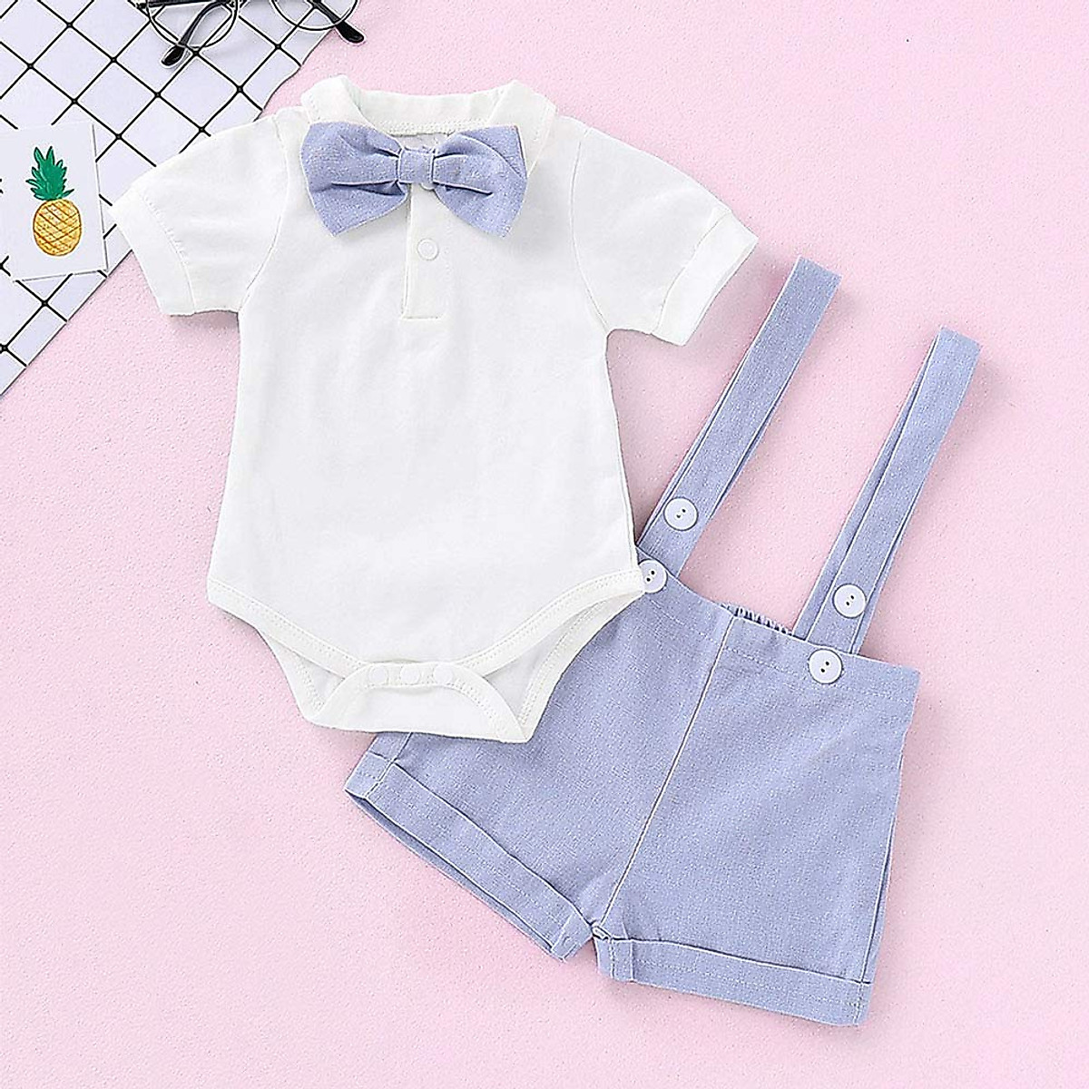 bilison Baby Boy Clothes Gentleman Bowtie Romper and Overalls Suspenders Pants Wedding Tuxedo Outfits(blue,0-6m)