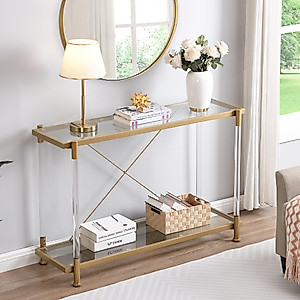 Sybrioka Glass Console Tables for Entryway Living Room, Acrylic Gold Sofa Side Table Metal Leg, Long Narrow Entryway Table with Storage for Small Space Hallway(Golden, Entryway Table)