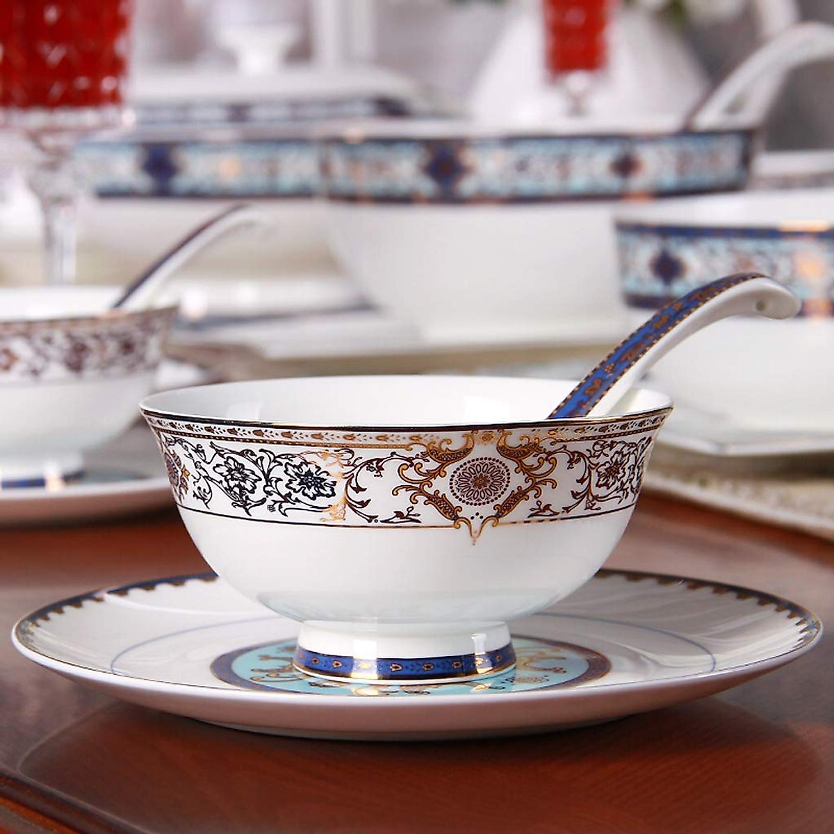 Porcelain Plate and Bowl Set, Ceramics Dinnerware Set with 55 Pieces,Bowl/Dish/Soup Pot/Spoon|Dinner Sets,Blues Garden Pattern Porcelain Combination Set