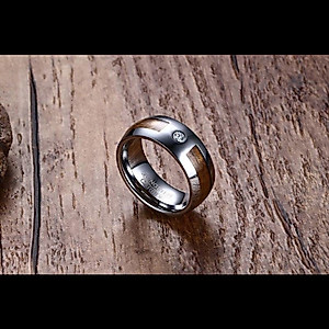 Epinki Wedding Rings Silver, 8MM Tungsten Ring with Wood Inlay White Round Cubic Zirconia Band Ring 2PCS Couple Rings Women Size 8 & Men Size 12