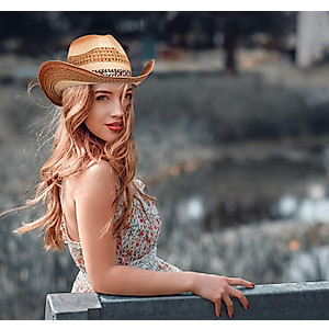 Cowboy Cowgirl Straw Hat with Bands for Women - Western with Wide Brim for Coastal Sun Beach Summer Ivory