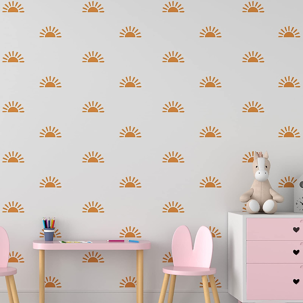 Sunshine Decal 4 Sheets Sun Wall Decal PVC Boho Wall Decals Removable Wall Sun Sticker Graphic Kids Playroom Decor for Nursery Kids Room Home Wall Art Playroom Decor (Half Sun Style)