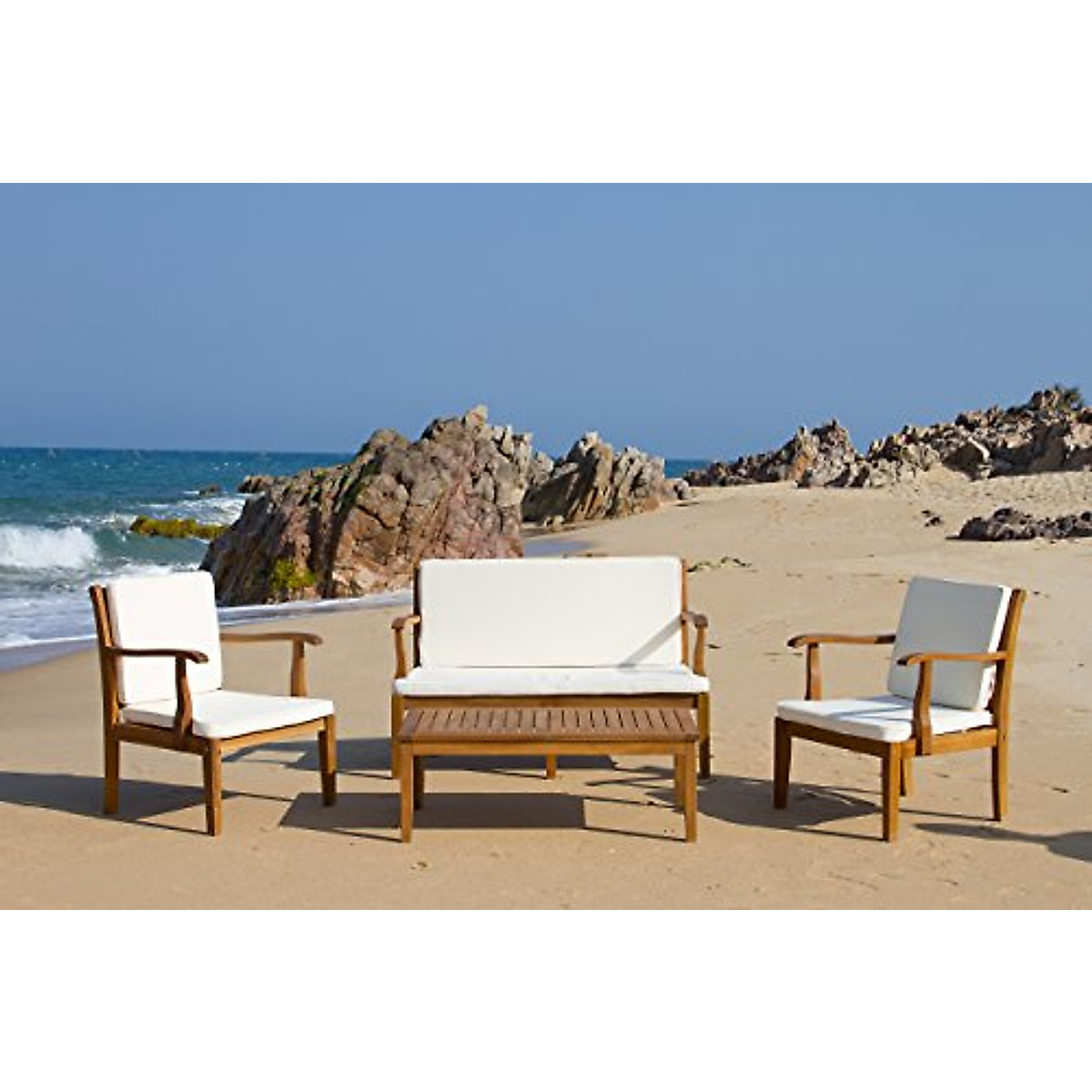 SAFAVIEH Outdoor Living Collection Bradbury 4-Piece Outdoor Living Set, Natural/Beige, Chair: 25.6" x 24.8" x 31.9" Bench: 48.4" x 24.8"