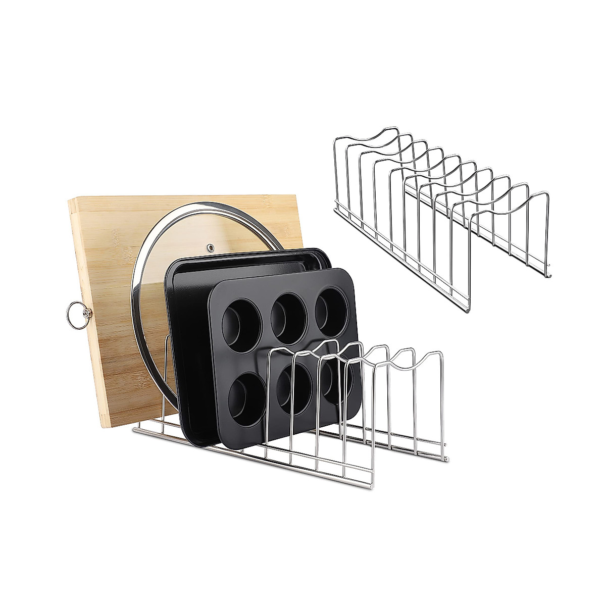 2 Pack HS Ideas Pot Lid Organizer, Kitchen Plate Rack Holder Rest,Pan and Pot Lid Holder for Cutting Boards, Bakeware, Cooling Rack, Serving Trays,Pantry and Cabinet Holder - Silver Finish…