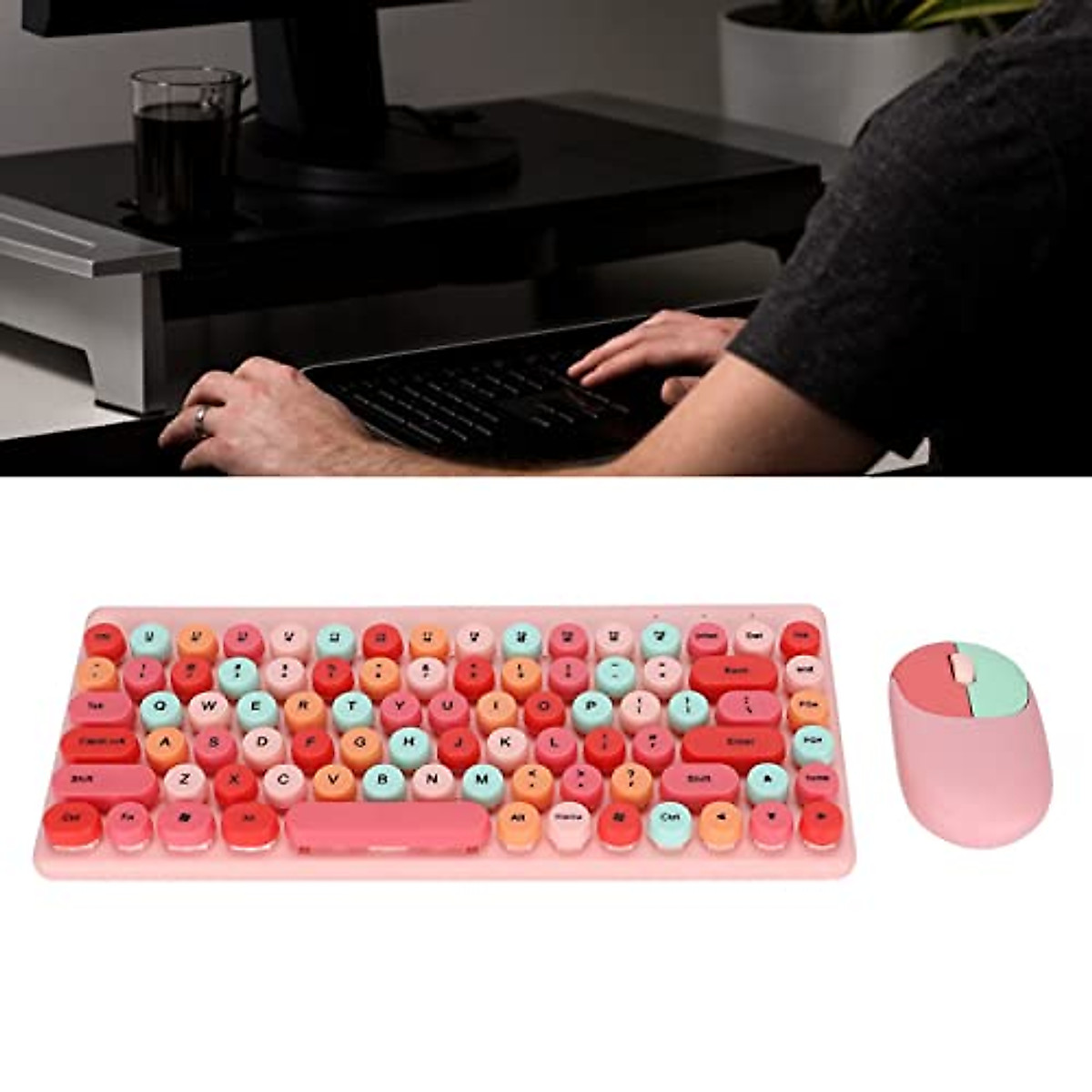 01 02 015 Gaming Keyboard Mouse, Wireless Light Quiet 86 Keys Save Space Keyboard Mouse Combo for Home for PC for Office(Pink Mixed Color)