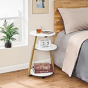 BEWISHOME Round End Table Side Table with Metal Frame, Accent Table Nightstand Bedside Table with 3-Tier Shelves, Small Table for Living Room Bedroom Couch Table Small Coffee Table White Gold KTZ41M
