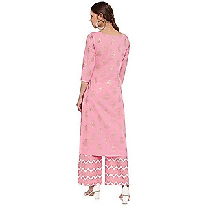 Janasya Women's Pink Foil Printed Cotton Kurta with Palazzo