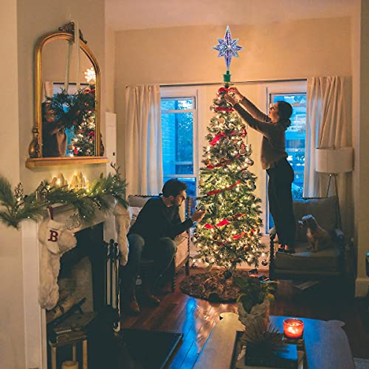 Christmas Tree Topper, Yocuby Hollow Silver Star Christmas Tree Topper Lighted with LED Rotating Magic Ripple Light for Crown Xmas Tree Topper Decoration, Wall Party Holiday Déco