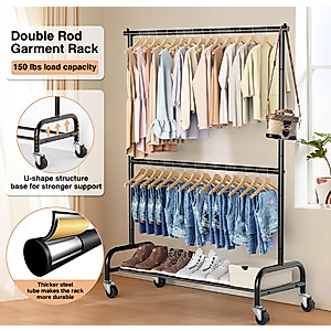 MISSLO Heavy Duty Clothing Racks for Hanging Clothes Rack Double Rod Garment Rack Rolling Closet Wardrobe Rack on Wheels, Metal, Adjustable, Black