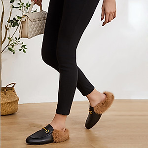 Vertundy Women's Mules Low Heel Flats Leather Slip On Backless Sandals for Girls Lady Work Slides Black Fur 6.5