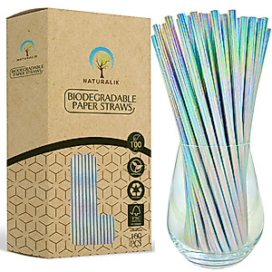 Naturalik 100-Pack Extra Durable Iridescent Paper Straws Biodegradable- Premium Eco-Friendly Paper Straws Bulk- Drinking Straws for Juices, Restaurants and Party supplies, 7.7" (Silver, 100ct)