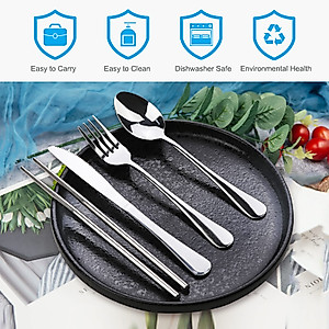 5PCS Portable Silverware Set with Case, Lengnoyp Travel Camping Utensils Set, Premium Stainless Steel Travel Cutlery Set, Reusable Safe Flatware Sets for Lunch Box/Workplace/Students/Kids, Silver