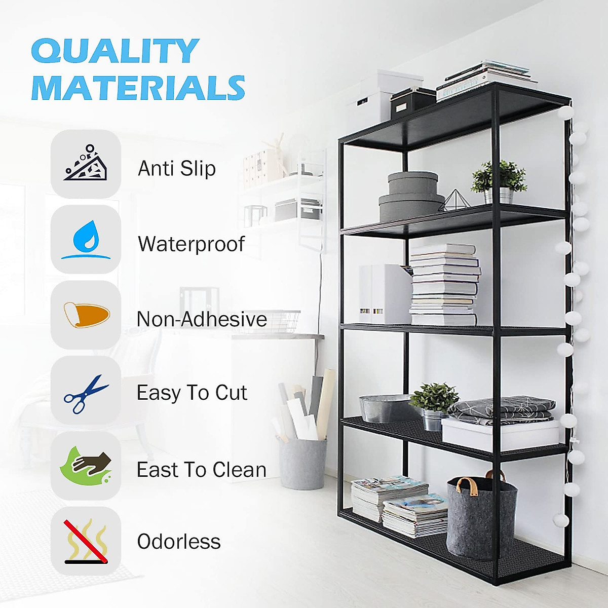 MooiFun Drawer Liners, Non-Adhesive Shelf Liner, Waterproof Anti-Slip BPA Free Kitchen Cupboard Cabinet Liner Refridge Fridge Mats Sink Protector Strong Durable for Home Office(Black/17.3" x 196.8")