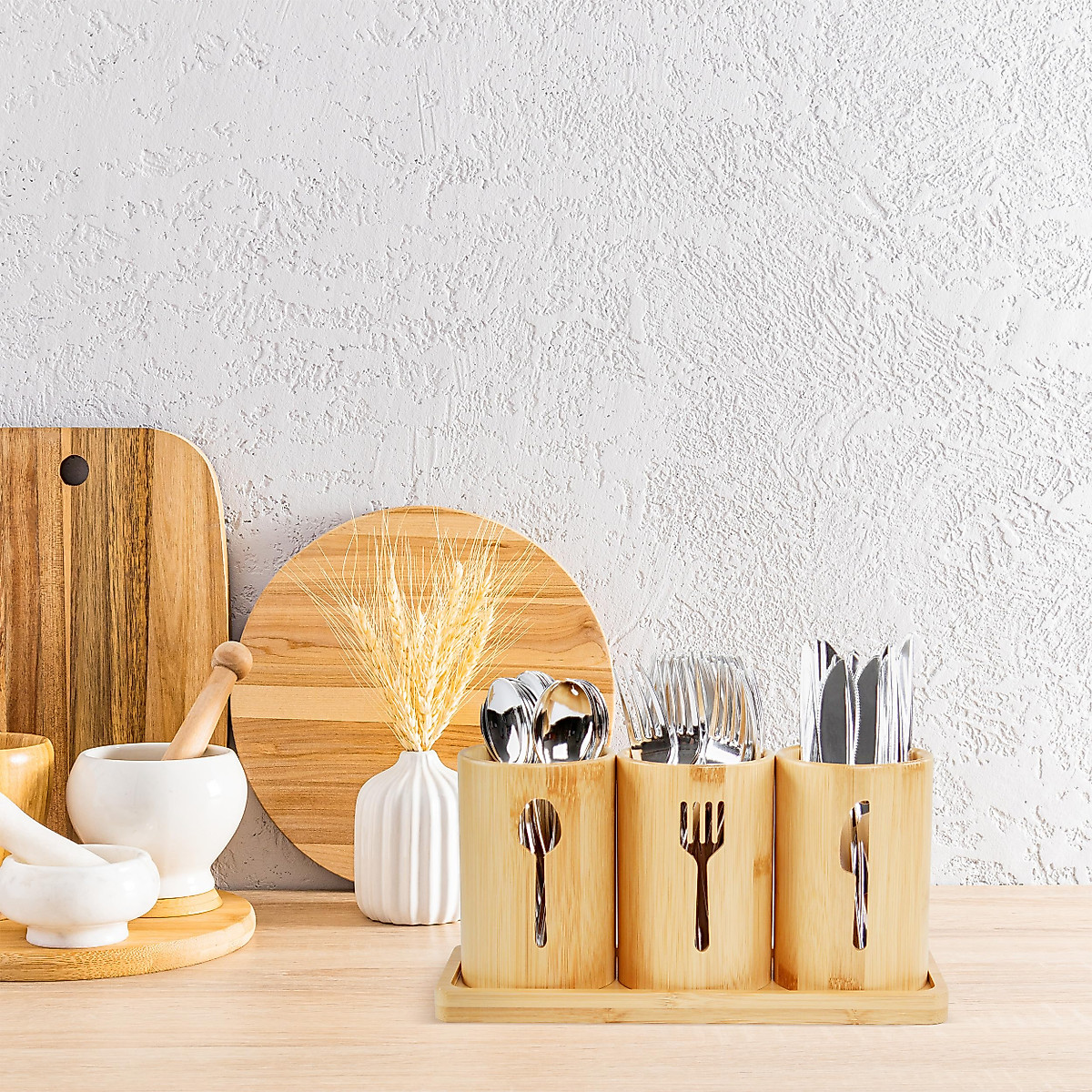 7Penn Standing Utensil Organizer Caddy - 3 Cup Bamboo Countertop Utensil Holder for Party Camping and Kitchen