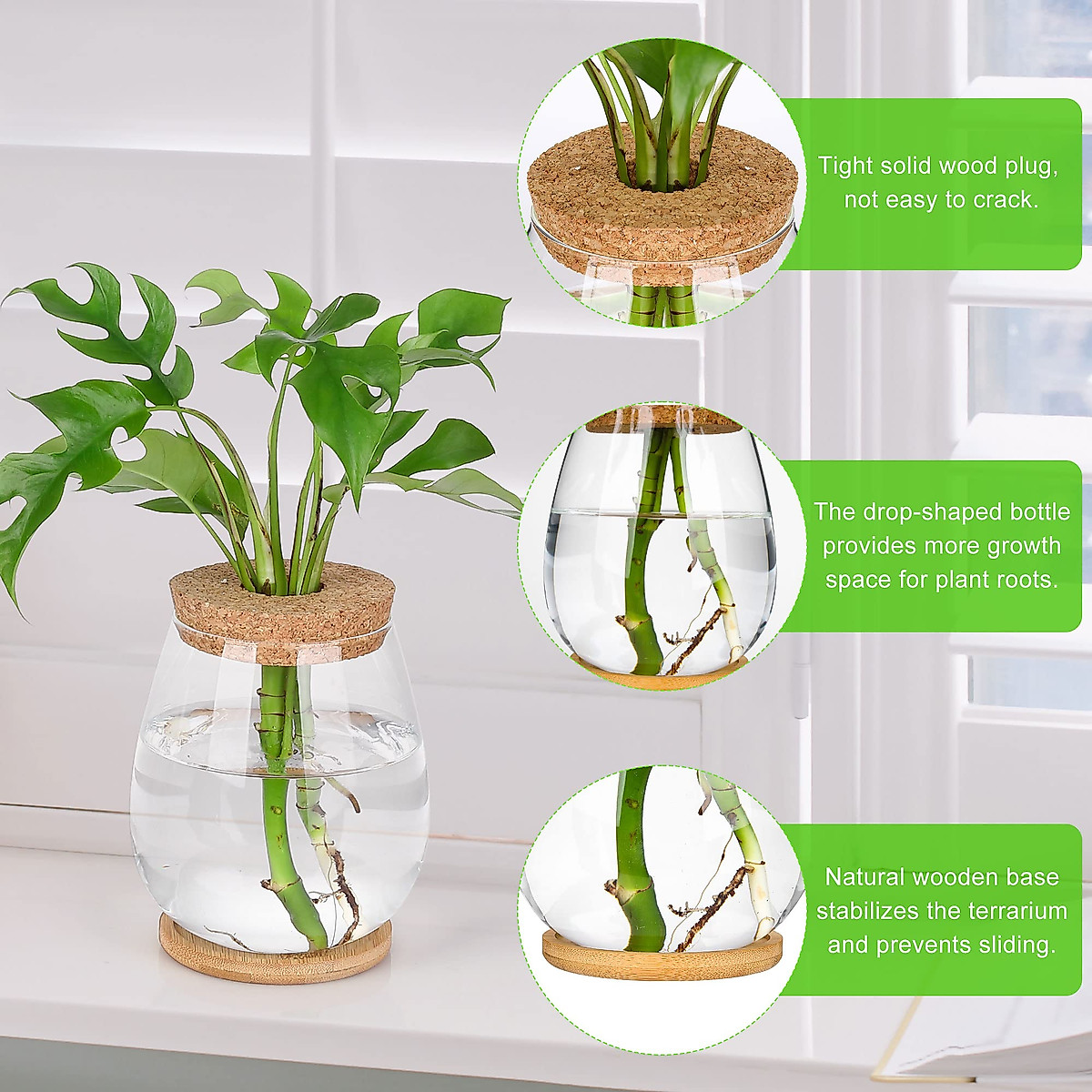 onepeng Propagation Stations, 2 Pcs Glass Planters with Wooden Tray & Lid, 5.2x4.2 inches, for Hydroponic Plants, Home Decor, Gardening Gifts for Women