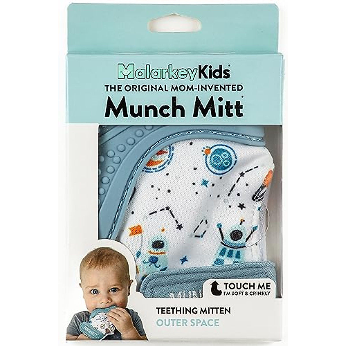 Malarkey Kids Patented Teething Mitten, Munch Mitt Baby Chew Toy - Protects Hands from Chewing & Saliva, Heals Aching Gums, Promotes Sound & Visual Stimulation for Babies - Outer Space