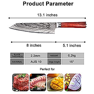 Japanese Chef Knife, Fukep Chef Knife Ultra Sharp AUS10 Core Steel 72 Layers High Carbon Steel Damascus Chef Knife Ergonomic Mahogany Handle Kitchen Knife Chef Gift