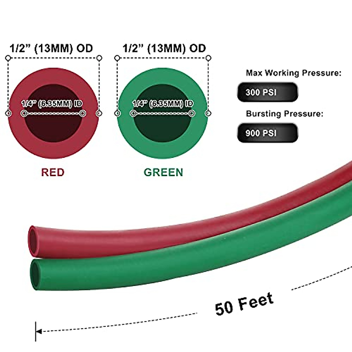 Hromee Oxygen Acetylene Hose 1/4-Inch × 50 Feet with 9/16"-18 B fittings Welding Cutting Torch Twin Hose