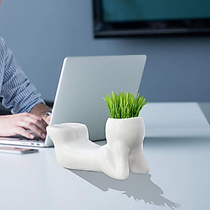 Lincox Mini Bonsai Head Grass Doll Hair White Ceramic Plant Garden, Tree Doll Grass Pot, Ceramic Air Head People Planters Air Plant Holders Table Top Display Planters for Mini Plants Garden Decor (C)