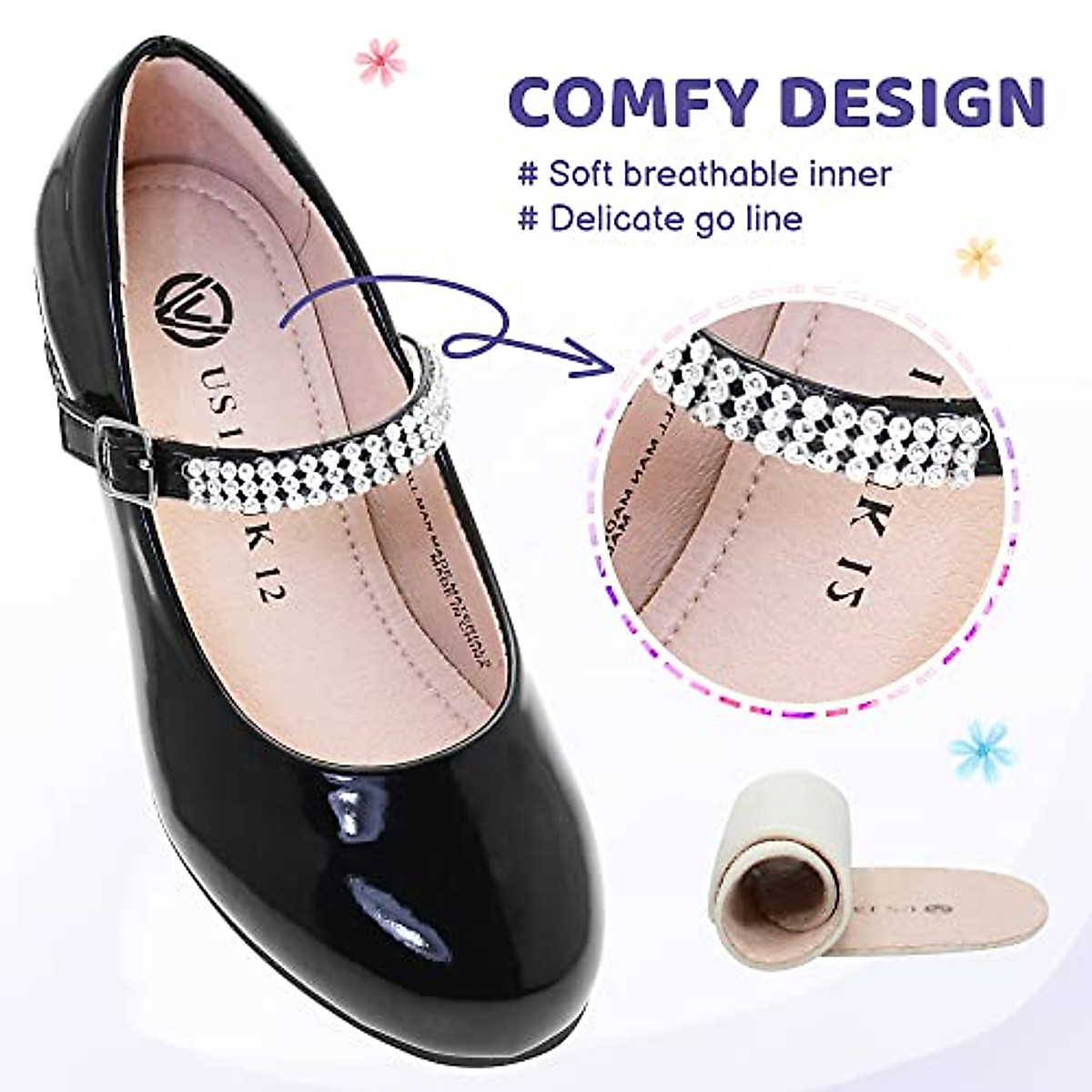 LseLom Girls Dress Shoes with Rhinestone Mary Janes for Girls Hook and Loop Party Sparkly Heels Shoes Black Big Kid 2