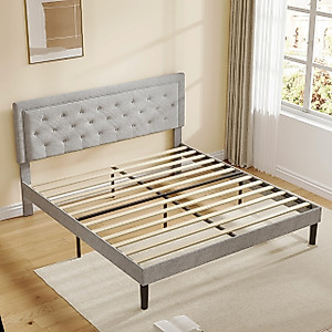 GJHOME Queen Size Bed Frame Upholstered Platform Bed with Adjustable Headboard, Button Tufted, Wood Slat Support, Easy Assembly, Light Gray
