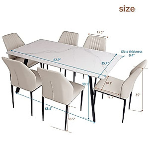 Zerifevni Dining Table Set for 6, Modern White Dining Table Sintered Stone Rectangula Table & 6 Dining Chairs (1 Table 6 Beige Chairs)