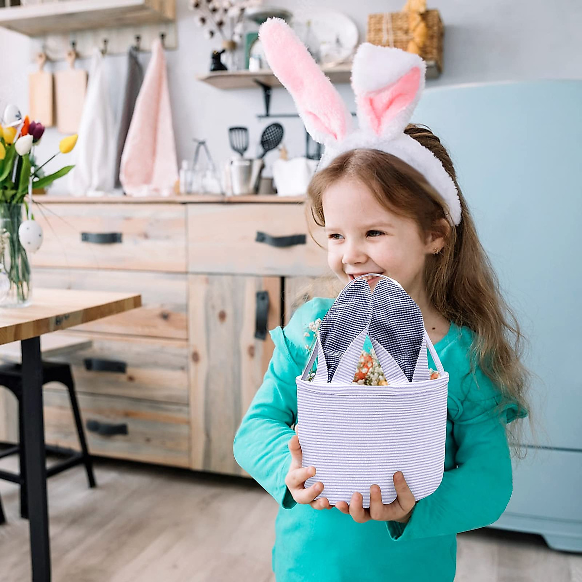 GFU Easter Basket, Seersucker Bunny Baskets for Kids, Eggs Hunt Bag with 2pcs Stickers, Cute Rabbit Ears Stripe Storage Bag, Children Personalized Easter Gifts
