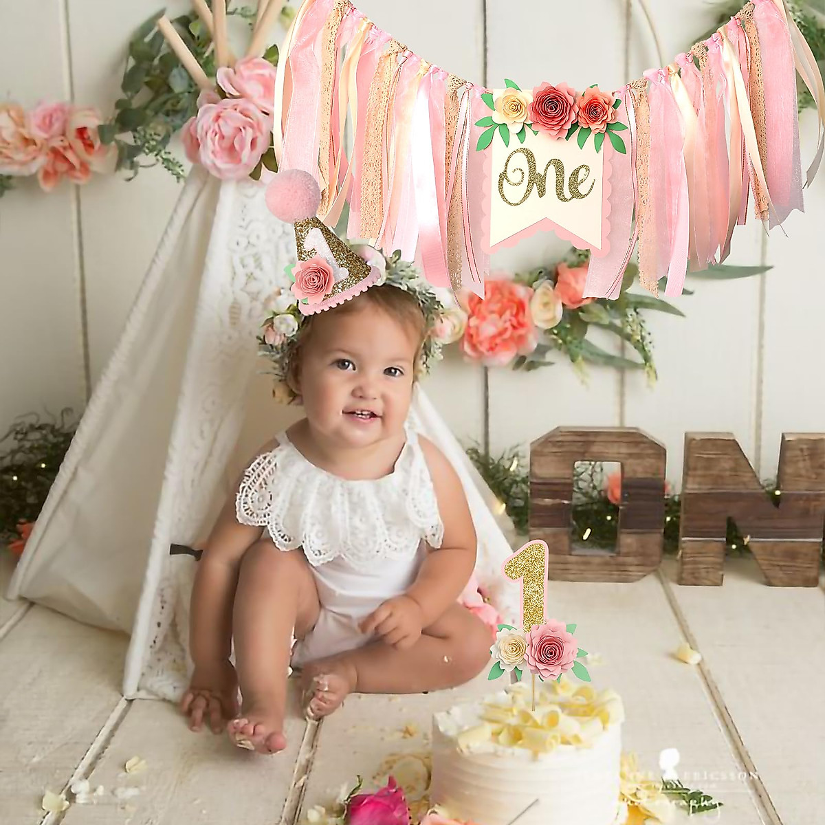 Dusty Pink 1st Birthday High Chair Floral Banner Decor Boho Floral 1st Birthday Hat Decorations 1st Birthday Cake Topper Baby Girl Banner Baby Shower Wall Hangings Decorative For Kids Bedroom