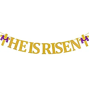 MALLMALL6 HE IS RISEN Banner Easter Party Decorations Religious Holiday Supplies Pre-Strung Glittery Sign Cross Patterns Ready to Hang Wall Art Jesus Faith Photo Props for Outdoor Church Fireplace