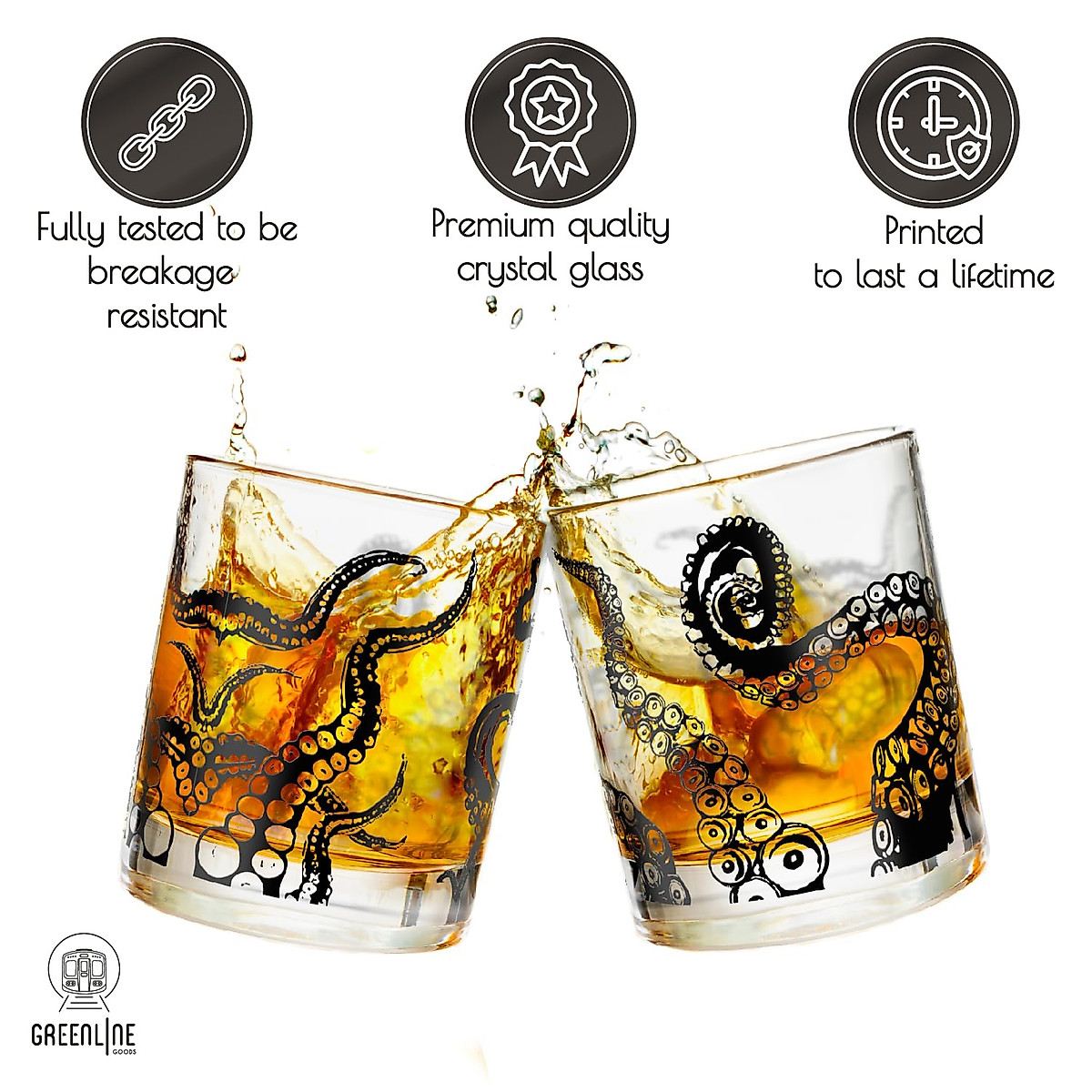 Greenline Goods Whiskey Glasses - 10 Oz Tumbler Gift Set – Kraken Whiskey Glasses (Set of 2) | Rocks Glass Octopus Decor | Old Fashioned Rocks Glasses