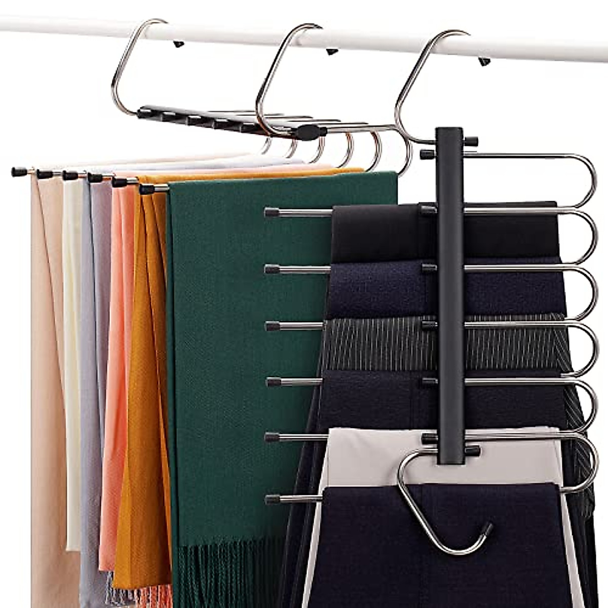 Pants Hangers Space Saving Collapsible Multiple Pants Hangers for Closet Stainless Steel 6 in 1 Trousers Hangers 360°Swivel Clothes Hangers Storage Organizer for Pants Jeans Scarf (1 Pack-6 Layers)