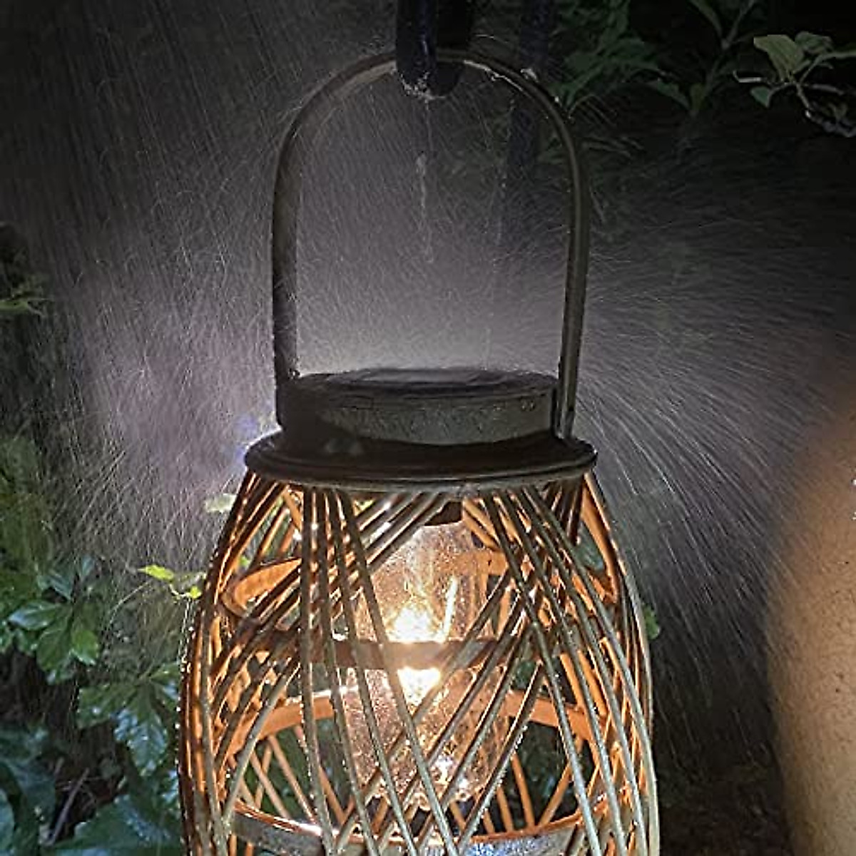 pearlstar Outdoor Solar Lanterns Light Rattan Bamboo Lamp with Handle for Hanging or Table Lamp for Patio Yard Garden Wedding Home Decoration, Edison Bulb, Auto on/Off(Style2)