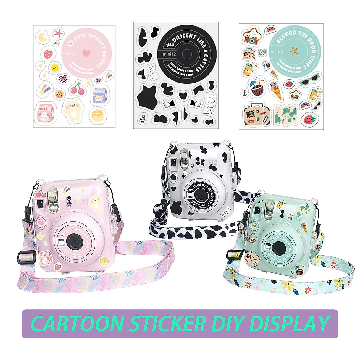 Ngaantyun Mini 12 Clear Case Bundle Kit for Fujifilm Instax Mini 12 Instant Camera Case with Film Pocket Pictures Holder, Stickers Skin Decal, Adjustable Shoulder Strap Accessories