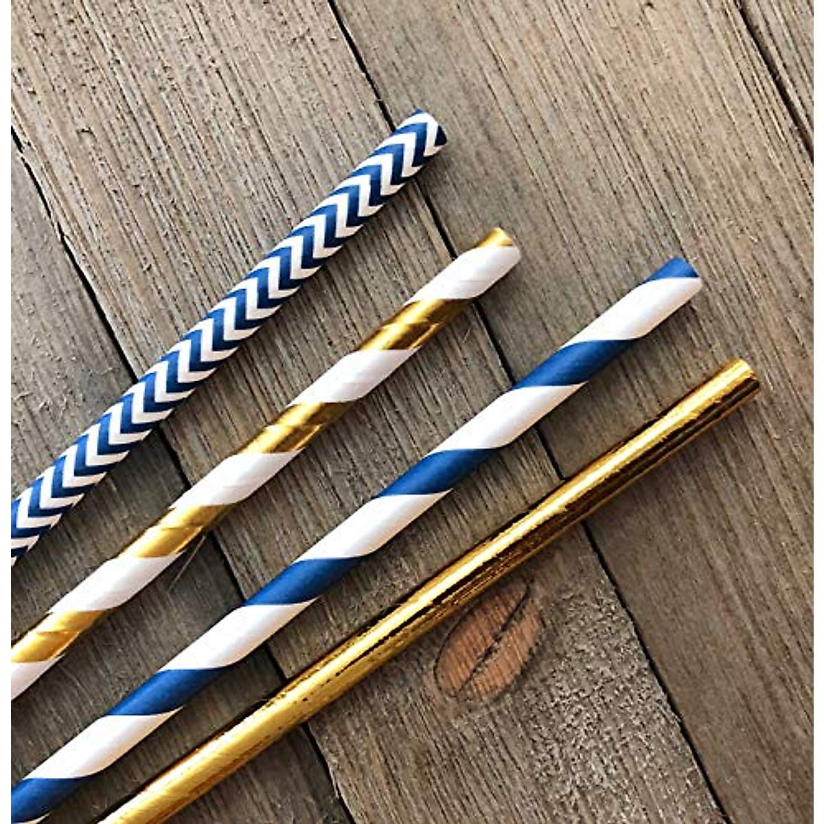 Navy Blue and Gold Foil Paper Straws - Stripe Chevron Solid - 100 Pack