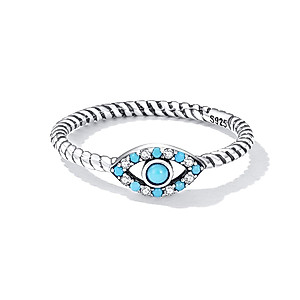 Dtja Turquoise 925 Sterling Silver Rings for Women CZ Blue Birthstone Bohemian Statement Engagement Stackable Band Ring Boho Birthday Wedding Mother's Day Jewelry (Evil Eye Size 8)