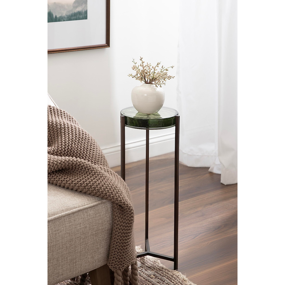 Kate and Laurel Aguilar Modern Drink Table, 9 x 9 x 23, Sage Green Glass and Bronze, Unique Round Glass Mini Table for Use as Bathroom Accent Table or Pedestal Martini Table