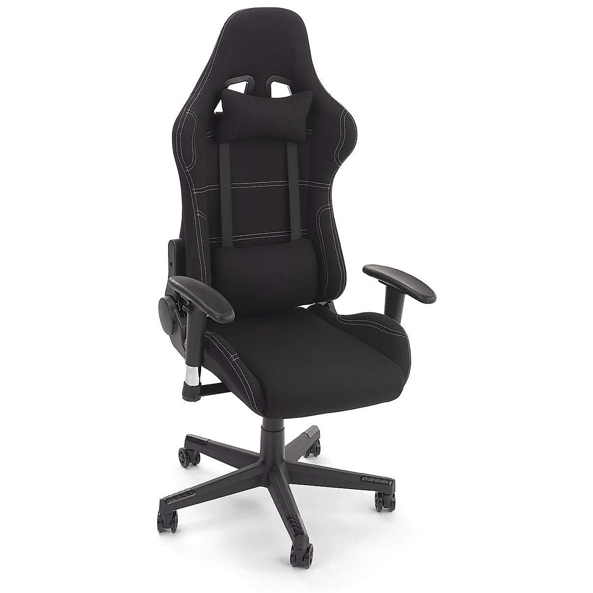 Displays2go Racing Style Gaming Chair for Office and Home Desk, Ergonomic Adjustments and Lumbar Support Pillow, Fabric Seat - Black (FDGAMECHGY)